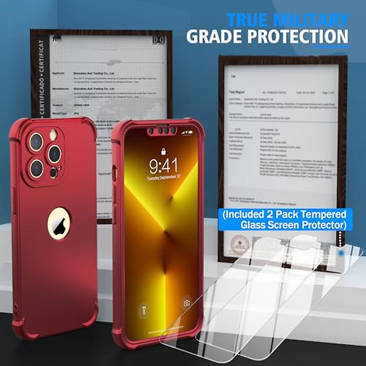 ORETECH for iPhone 13 Pro Max Case, with [2 x Screen Protectors] [15 Ft Military Grade Drop Test] [Camera Protection] 360° Shockproof Slim Thin Phone Case for iPhone 13 Pro Max Cover 6.7" - Red