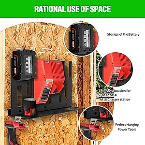 Riuog Wall Mount Bracket for Milwaukee M12 M18 Battery and Charger,Battery Storage for 12V18V, Metal 5 Battery Holder and Charger Holder for Tool Room and Garage (1size) (5 Battery Holes)