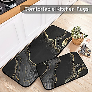 Kitchen Mats Rugs 2 Piece Set Bath Mat Antifatigue Cushioned Gold Black Marble for Floor Non Slip Washable (color4)