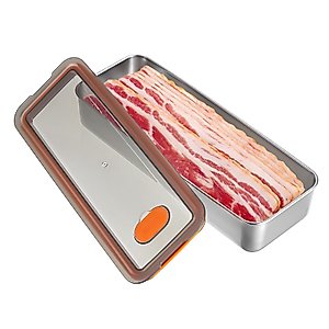 JUXYES Bacon Storage Container for Refrigerator, Stainless Steel Bacon Storage Box for Fridge with Transparent Lid, Airtight Bacon Storage Keeper, Deli Meat Saver Cuts Food Storage Organizer