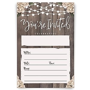 Bridal Shower Rustic Party Invitations - 20 Invites With Envelopes - Wood With String Lights Design - Wedding Reception, Engagement Party, Rehearsal Dinner Party, Milestone Birthday or Housewarming