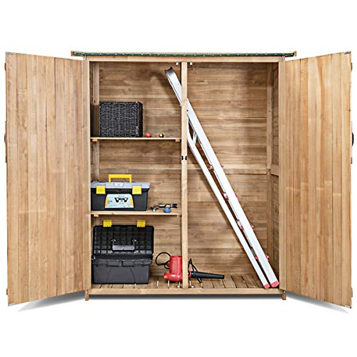 Safstar Outdoor Storage Shed with Lockable Door, Wooden Tool Storage Shed w/Detachable Shelves & Pitch Roof, Garden Storage Cabinet for Backyard Patio Deck Porch, 56”L x 20”W x 65”H, Natural