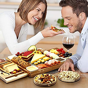 Cheese Board Set & Knife Set,Wood Charcuterie Boards,Cheese Tray with Cutlery in Double Slide-Out Drawer,Cheese Plates for Charcuterie,Wine,Crackers, Brie,Meat,Gift for Valentine,Wedding,Housewarming