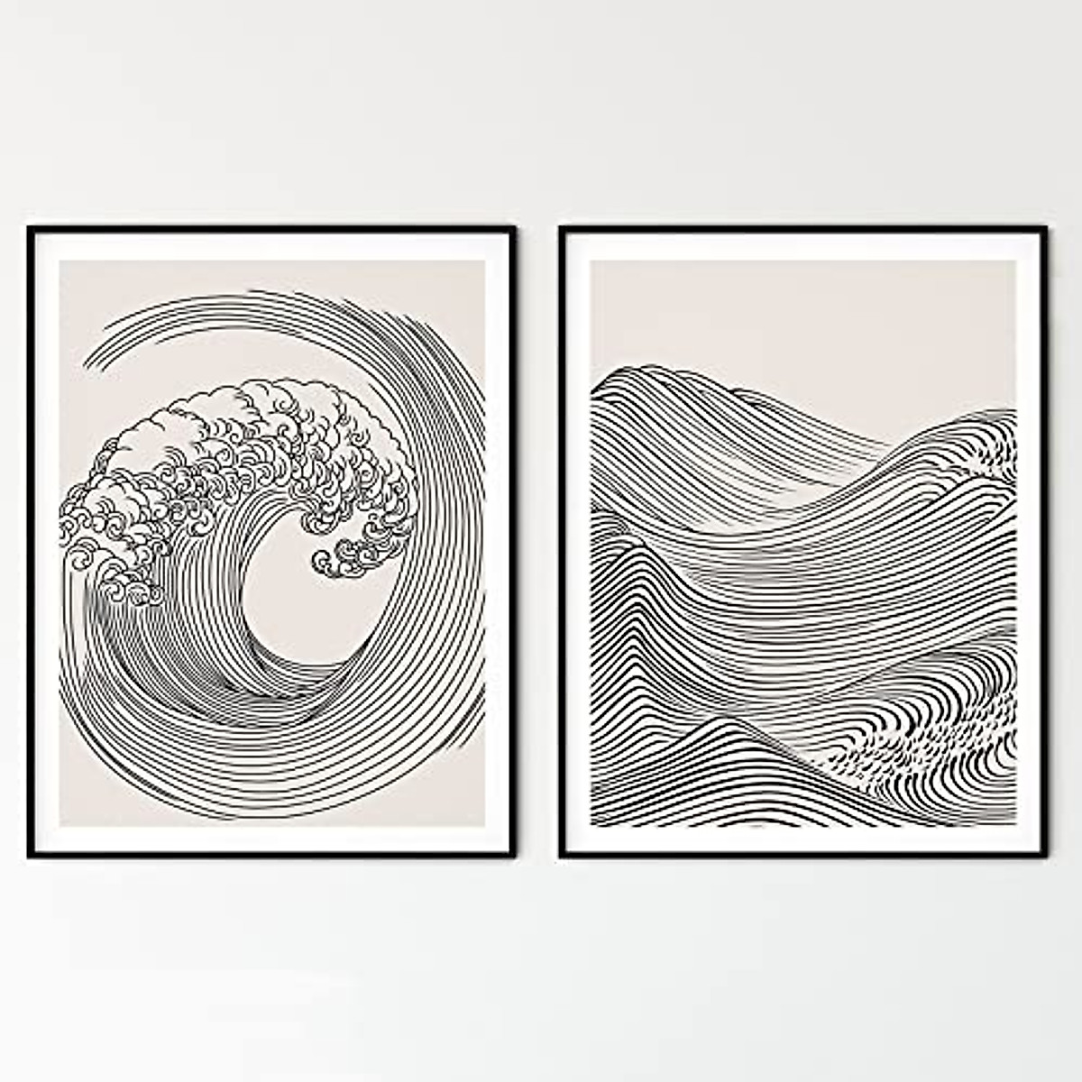 PAINURA Japanese Wave Poster Abstract Wall Art Minimalist Print Abstract Ocean Art Black and White Canvas Art for Bedroom Decor Japanese Wall Art Line Art Wall Decor (16x24Inchx2 Unframed)