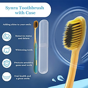 Synra Charcoal Toothbrush with Travel Case, 7” x 1”, Rubber Tongue Scraper, Soft Angled Bristles, 6 Pieces per Pack
