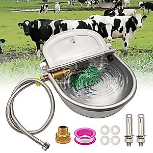 Automatic Waterer Water Bowl with Brass Float Valve Stainless Steel Watering Trough Kits for Livestock Chicken Horse Animal Dogs Cattle Pig Goat, Includes Hose, Brass Connector and Mounting Bolts