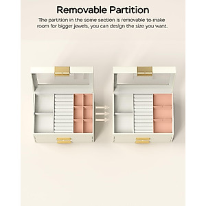 Jewelry Box for Women, 3-Layer Jewelry Organizer with Glass Lid, Flip-Top Leather Jewelry Boxes with 2 Drawers,Earring, Necklace, Ring, Bracelet Organizer Box for Big and Small Jewelry - Cloud White