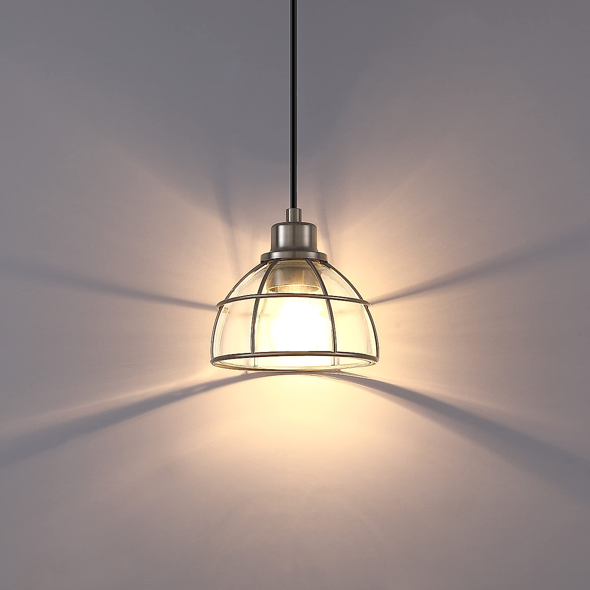 Industrial Hanging Drum Indoor Pendant Ceiling Light Kitchen Island Fixtures Brushed Nickel Finish,Metal Shade for Bar Dining Room Corridor Living Room (3 Pack, Clear Glass Pendant Light)