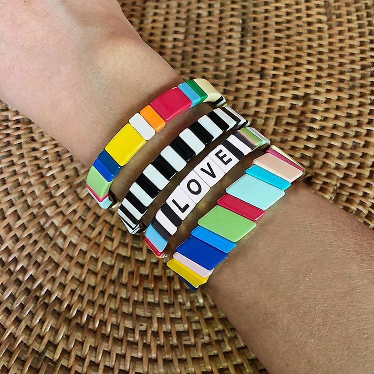 HZEYN Enamel Tile Bracelet Stackable Rainbow Tile Bead Love Stretchy Bracelet Colorblock Enamel Brite Bracelet for Women Set of 4 Strands