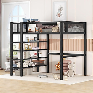 Bellemave Twin Size Metal Loft Bed with 4-Tier Shelves and Storage, Loft Bed with Bookshelf (Black)