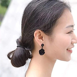 Gold Plated Rose Flower Earrings Black flowers Dangle Drop Earrings Bridesmaid Gift for Women (Black)