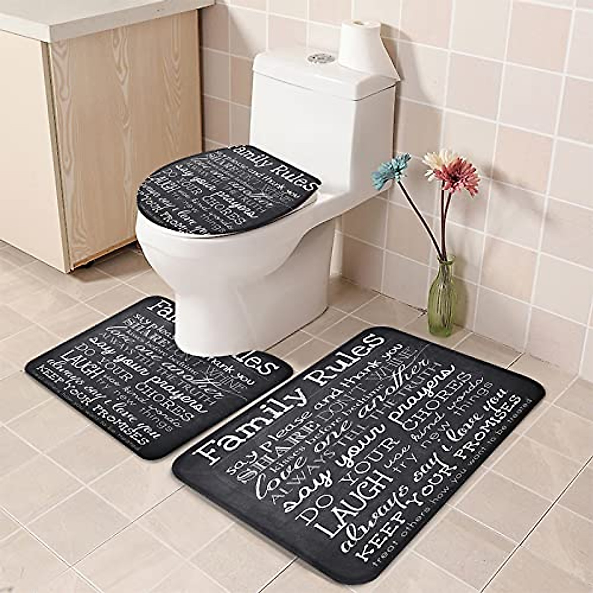 Apular Fashion 3 Piece Bath Rugs Set Family Rules Black White Non Slip Ultra Soft Bathroom Accessories Mats, U Shape Mat and Toilet Lid Cover Mat Bath Mats