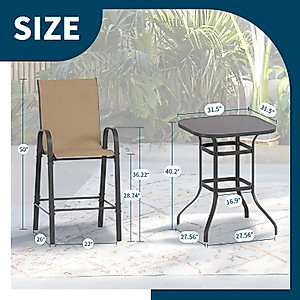 Amopatio 5 Piece Patio Bistro Set with 4 Bar Chairs and Glass Table, All-Weather Textilene Patio Bar Stools, Sturdy Outdoor High Top Table and Chairs for 4 for Backyard, Porch, Balcony, Brown