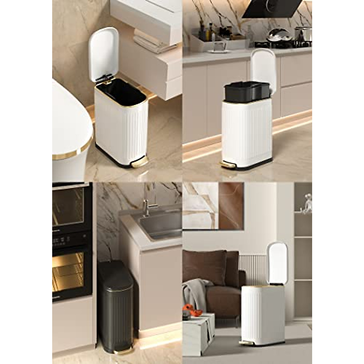 CEROELDA White Bathroom Trash Can with Lid-Stainless Steel Step Slim Garbage Can-Metal Wastebasket-10L/2.6 Gallon Rectangle Pedal Trash Bin for Narrow Office, Kitchen, Bedroom, Toilet-Soft Close