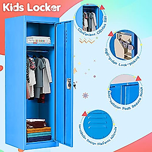 Costzon 48" Kids Locker Cabinet, Daycare Metal Coat Locker w/Hanging Rod & Shelf for Kids Room Bedroom School Classroom, 2-Tier Storage Locker w/ 2 Keys for Toys, Clothes, Sports Gear, Blue
