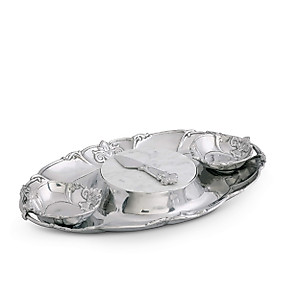 Arthur Court Designs Aluminum Fleur-De-Lis 5-Piece Entertainment Cheese Chip and Dip - Two Bowls, Spreader, Marble, Tray 20 inch x 13 inch