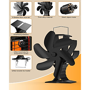 HIDALIFE Wood Stove Fan for Heater, Heat Powered Fireplace 6 Blades Fan with Bracket Compatible for Mr Buddy Heater,Thermal Tent Heater Fan for Camping Propane Heater with Magnetic Thermometer