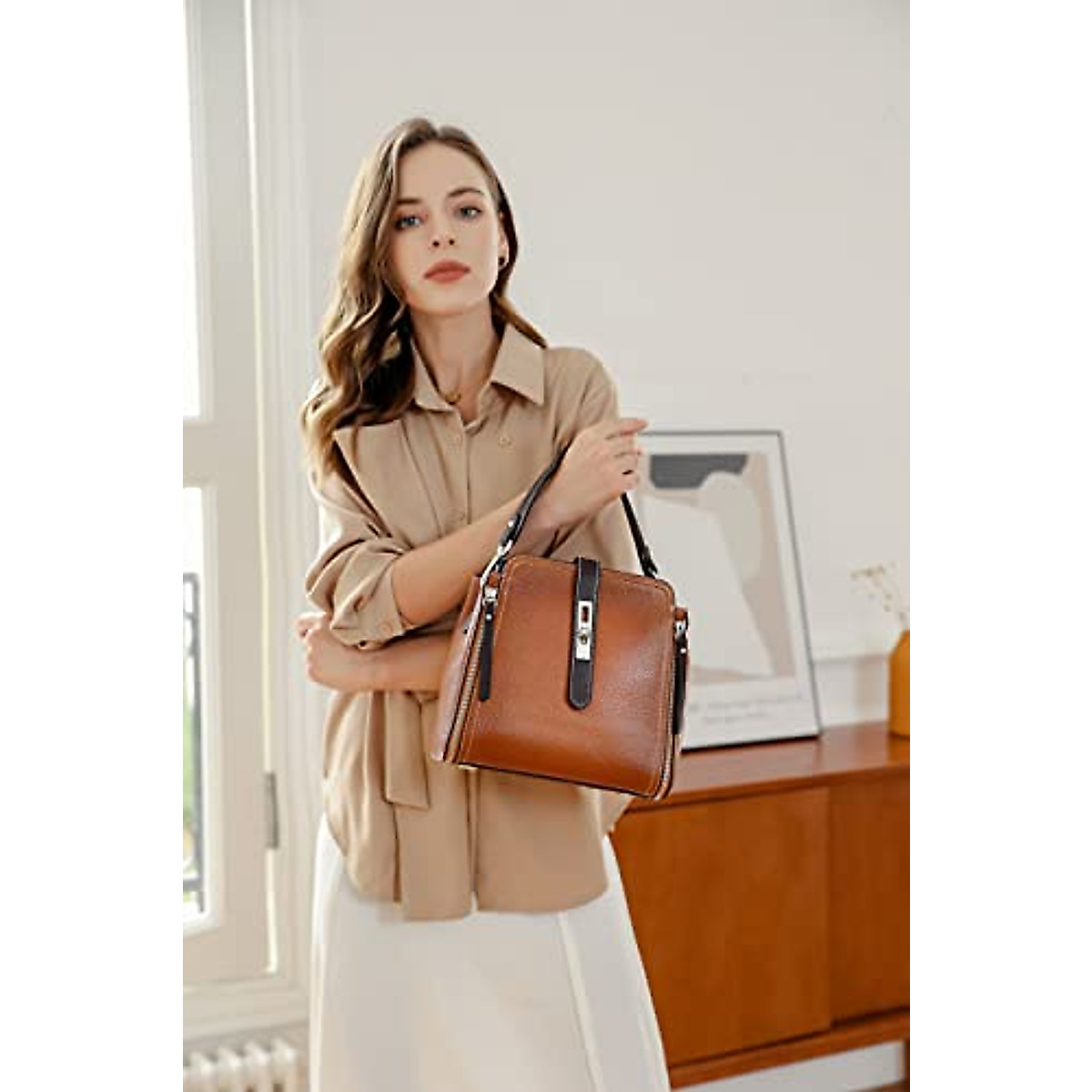 HESHE Leather Purses and Handbags for Women Shoulder Crossbody Bags Designer Hobo Satchel Purses(Sorrel)