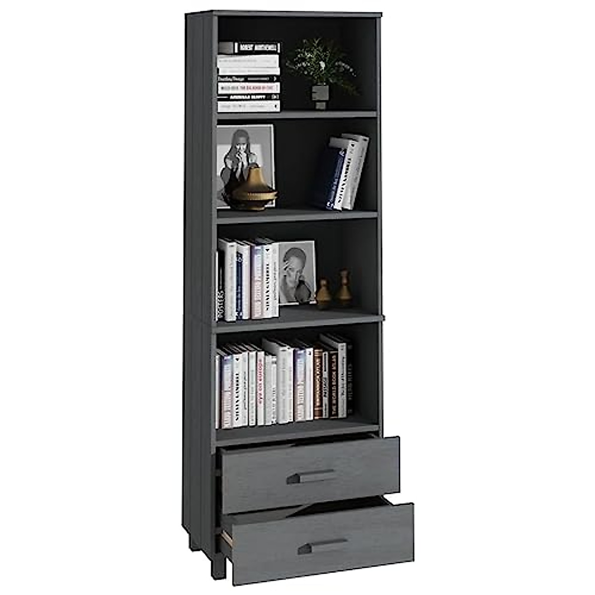 GOLINPEILO Wooden Highboard Bookcase, Dark Gray 4-Tier Bookshelf with 2 Drawers, Standard Book Shelves Display Shelf Solid Wood Pine for Home Office 23.6"x13.8"x70.9"(B) -AA
