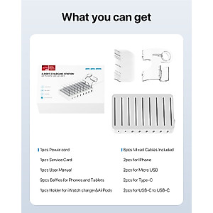 SooPii 8-Port USB-C Charging Station for Multiple Devices, with 1 PD 20W Port Supports Fast Charging, 8pcs Mixed Charging Cables and 1pcs Upgraded Holder for lWatch Charger & Air-Pods, White