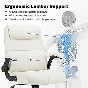 Office Chair - Ergonomic Executive Computer Desk Chair with Flip-up Armrest, Mid Back PU Leather 360° Swivel Task Chair with Lumbar Support and Wheels, Metal Base