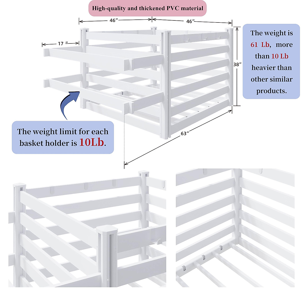 FENCETECH 63" L x 46" W x 38" H Vinyl Poolside Deckbox Storage Organizer, Pool Storage Equipment Organizer Holder (No Baskets)