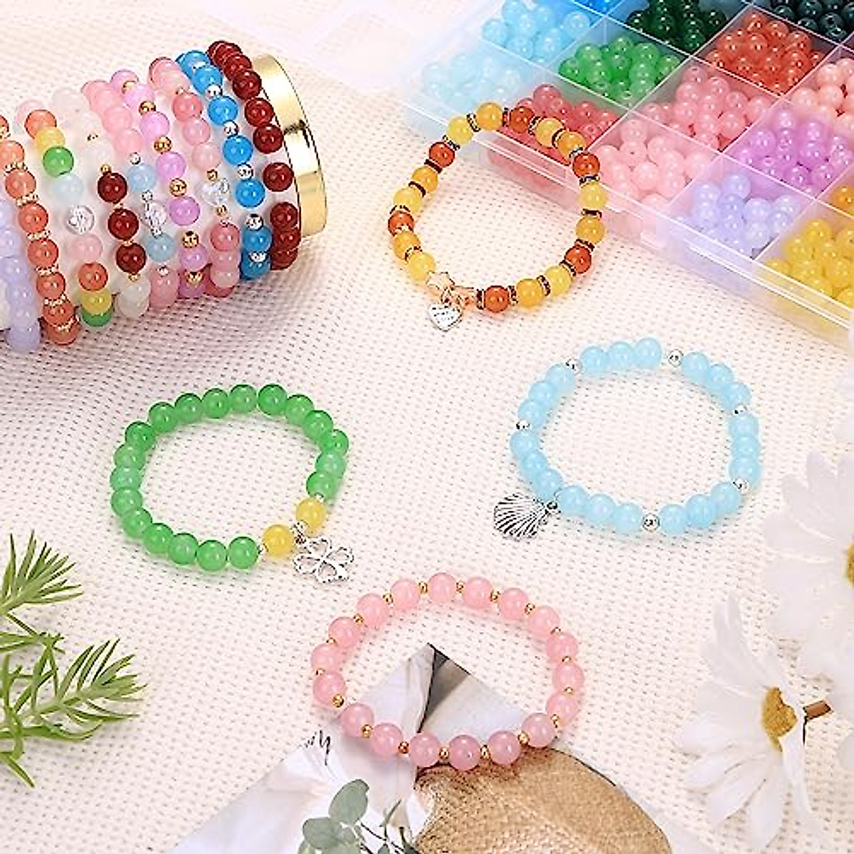 DIYDEC 671pcs Glass Beads Bracelet Making Kits 30 Colors 8mm Crystal Beads for Jewelry Making Round Gemstone Stone Beads with Rondelle Spacer Beads DIY Crafts for Girls Adults