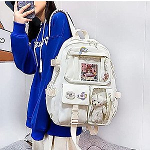 FETNHU Preppy Backpack, Kawaii Backpack with Kawaii Pin And Accessories for Girls School Cute Aesthetic Backpack (White)