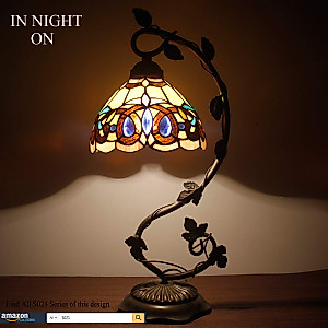 WERFACTORY Tiffany Table Lamp Stained Glass Victorian Table Lamp, Metal Leaf Base 8X10X21 Inches Desk Reading Light Decor Small Space Bedroom Home Office S021 Series