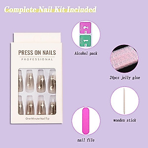 24Pcs Black Press on Nails Long Star Moon Fake Nails Full Cover Luxurious Acrylic Nails Glue on Nails Glossy Gradient False Nails Stick on Nails for Women