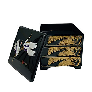 JapanBargain 4119, Jubako Box Japanese Traditional 3 Tiers Stack Box Food Candy Snack Container Bento Box Made in Japan, Plastic Lacquered, Black Crane