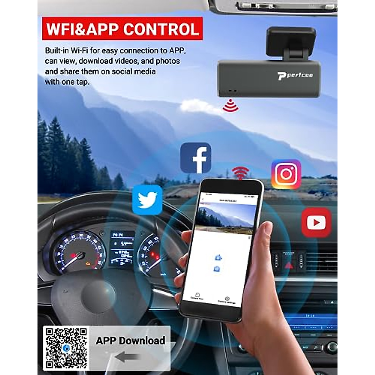 Dash Cam 2K WiFi Car Camera 1440P Dash Camera for Cars,Front Dashcam for Cars with Super Night Vision, WDR, Loop Recording, G-Sensor, 170°Wide Angle, Parking Monitor, WiFi &APP, Support 128GB Max