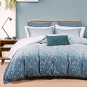 David's Home 100% Cotton Duvet Cover Set King Size, Natural Twigs Pattern Duvet Cover with Pillow Shams, 3pcs Ultra Soft and Breathable Comforter Cover Set, 106x90 Inches, Gradient Ombre Turquoise