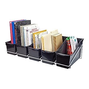 Storex Large Book Bins, Metal Shelf Rack Included, Black, Set of 5 (71129U01C)