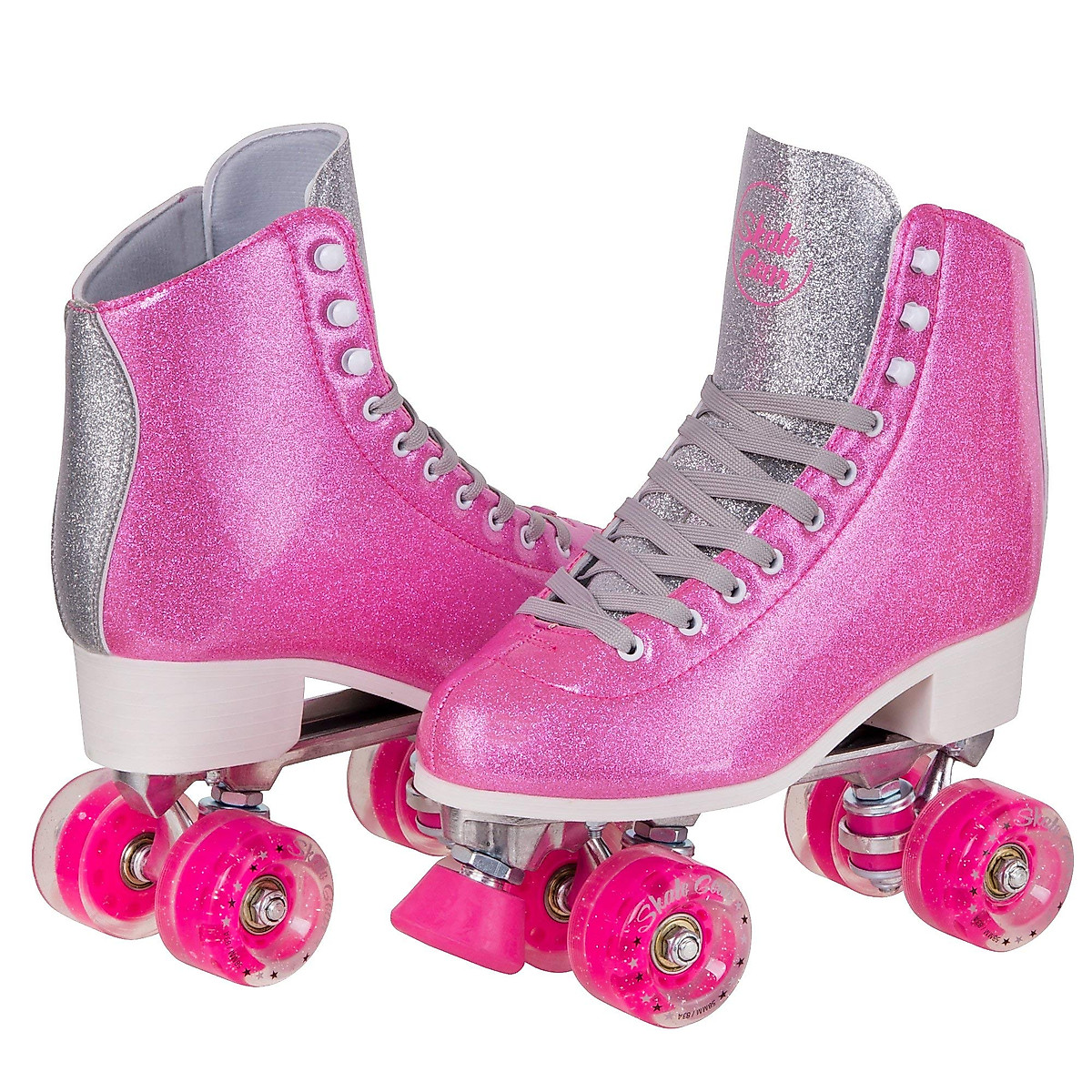 C SEVEN Sparkly Retro Quad Roller Skates (Glitter Pink, Women's 7 / Youth 6 / Men's 6)