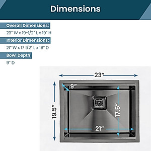 Strictly Sinks Undermount Workstation Kitchen Sink – Black 23 Inch 16 Gauge Single Bowl Kitchen Sink with Grid, Wooden Cutting Board, Colander, 1 Square Strainer Drain & 1 Garbage Disposal Adapter