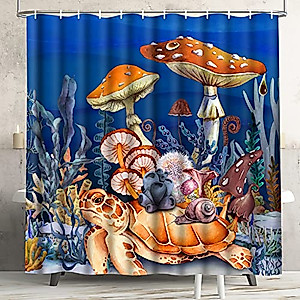 Alishomtll 4Pcs Mushroom Shower Curtain Sets with Non-Slip Rug, Toilet Lid Cover and Bath Mat, Sea Turtle Bathroom Sets, Funny Shower Curtains with 12 Hooks, Ocean Beach Kids Bathroom Sets
