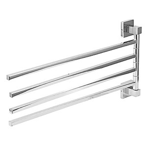 Bathroom Towel Hanger Stainless Steel 180° Rotatable Space Saving Design Bathrobe Holder Wall Mounted Storage (250255 Movable Four Rod - Chrome Plated)