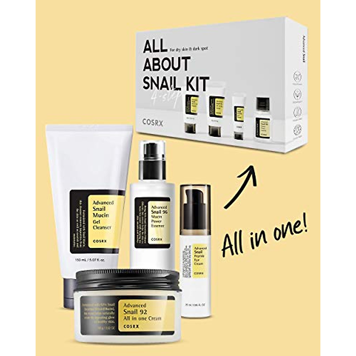 COSRX All About Snail Korean Skincare | TSA Approved Travel Size, Gift Set with Face Gel Cleanser, Essence, Cream & Eye-cream, Repairing, Recovering, Rejuvenating Kit with Snail Mucin, Korean Skincare