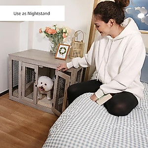 unipaws Dog Crate Furniture, Wooden Dog Kennel for Medium Breed, Indoor Decorative Wood Dog Cage, Inside Side End Table Crate with Removable Tray and Dog Bed, Dog Enclosure, for Dogs Up to 40 lbs