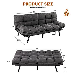Sweetcrispy Futon Sofa Bed - Sleeper Convertible Futon Couch, Memory Foam Couch Convertible Loveseat for Living Room, Lien, Grey