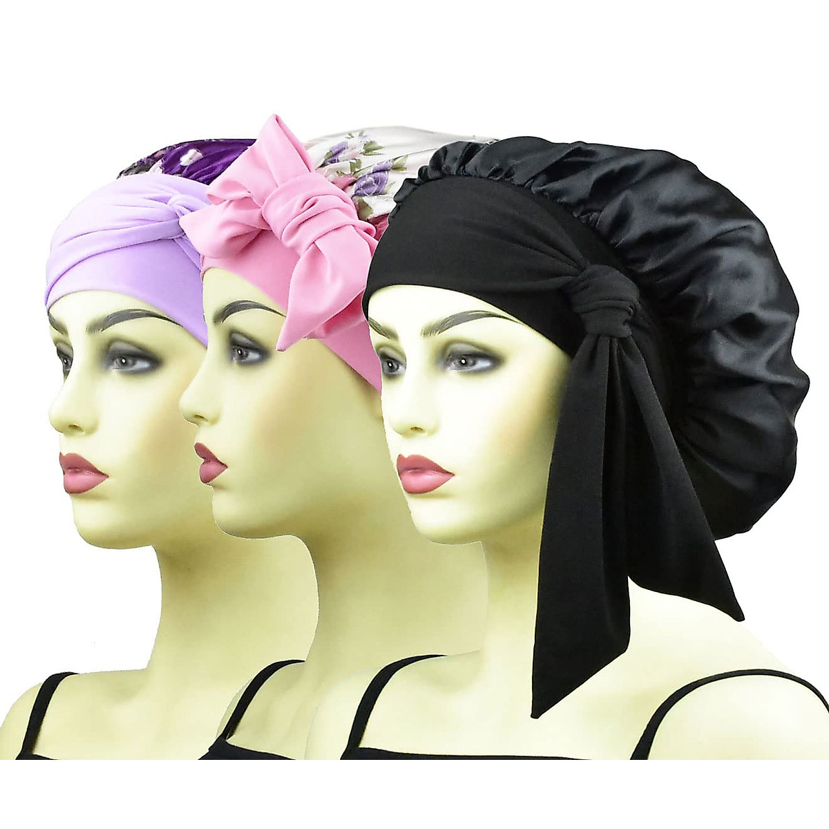 Silk Bonnets Satin Bonnet for Women Curly Hair Covers Large Sleep Hair Bonnets Sleeping Night Cap Silk Bonnet with Tie Band (Black + Pink Floral + Purple Floral)