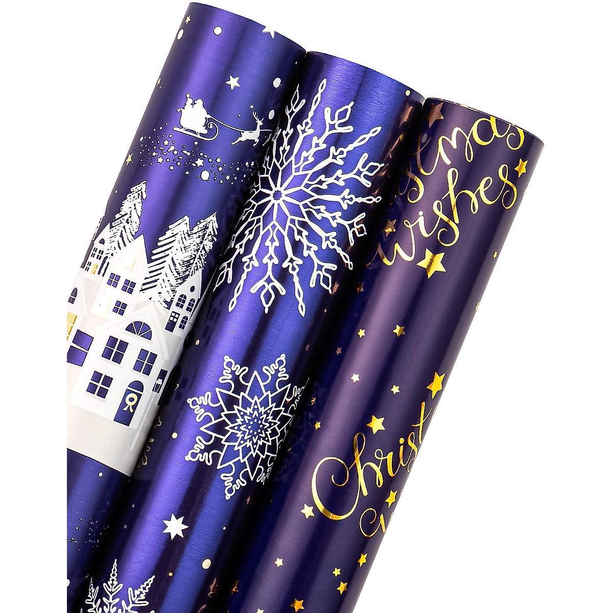 WRAPAHOLIC Christmas Wrapping Paper Roll - Mini Roll - 3 Rolls - 17 Inch x 120 Inch Per Roll - Dark Blue House, Reindeer, Snowflake Holiday Collection with Metallic Foil Shine