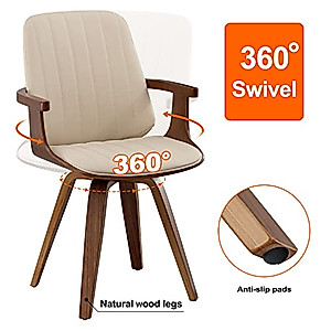 WUPOTO Dining Chairs Set of 2, Mid Century Modern Dining Room Chairs, Upholstered Faux Leather Kitchen Chairs with Wooden Arms and Legs, 360 Degree Swivel (Beige)