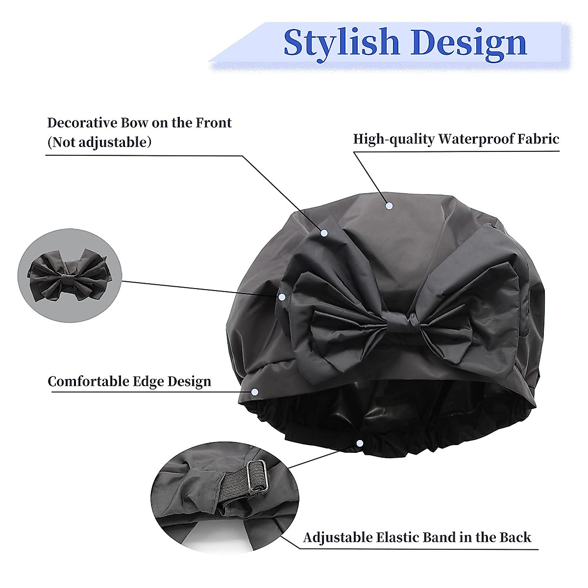 Aibilye Womens Black Shower Cap for Long Hair Extra Large Washable Reusable Waterproof Bathing Hair Cap Adjustable Elastic Band for All Hair Lengths