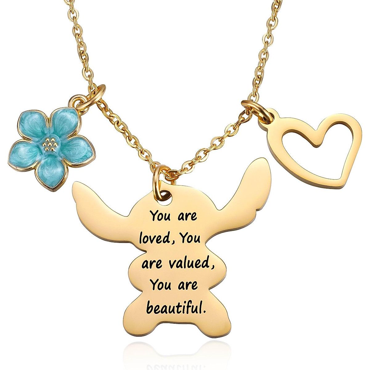 MIXJOY Inspirational Stitch Gifts You are Loved Valued Beautiful Stitch Necklace Gifts for Teen Granddaughter Daughter Niece, Stitch Lover Birthday Jewelry Gifts for Women, Gold
