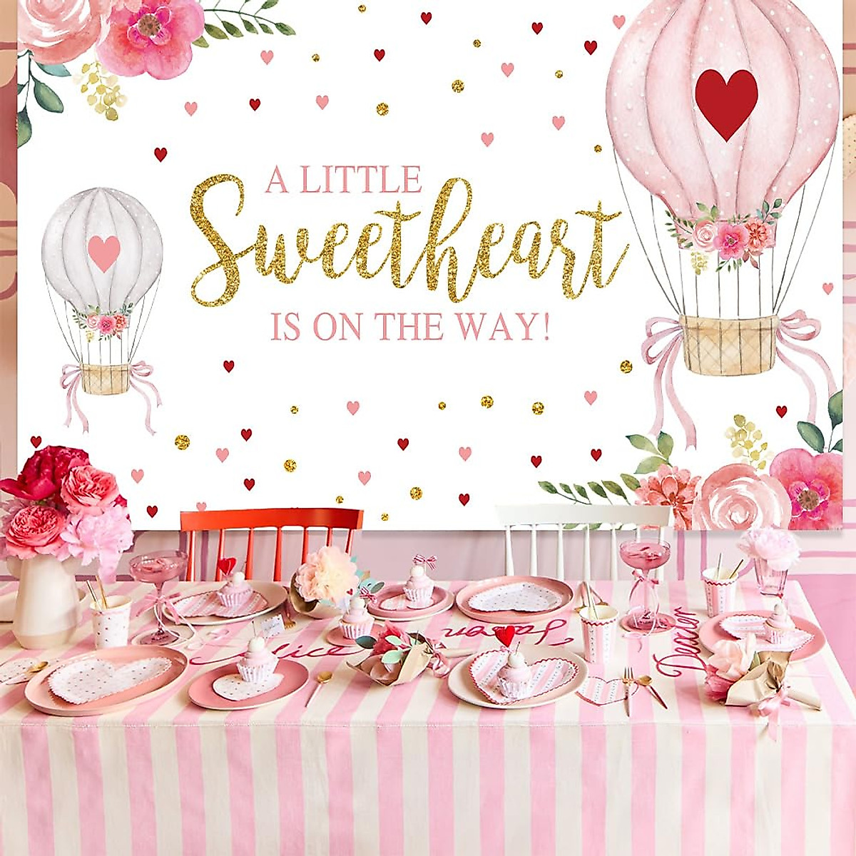 MEHOFOND Sweetheart Baby Shower Party Decorations Backdrop Up Up and Away Hot Air Balloon Pink Red Floral Gold Hearts Valentine Girl Baby Shower Photography Background Photo Banner 7x5ft