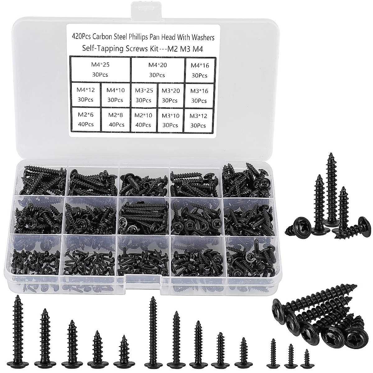 HanTof 420pcs M2 M3 M4 Phillips Truss Head Self-Tapping Wood Screws,Wafer Head Wood Screws,Pan Head with Washer Tapper Screws Assortment Kit for Wood,Plastic and Soft Metal,13 Sizes,Black Carbon Steel