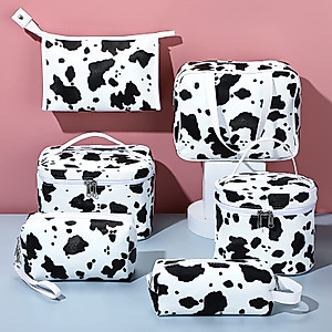 6 Pieces Makeup Bag Set Travel Cosmetic Bag Cow Print Makeup Bag Gifts for Women Bag Organizer with zipper Portable Makeup Case Cute Toiletry Bags Pouch Bags PU Leather Washable Waterproof
