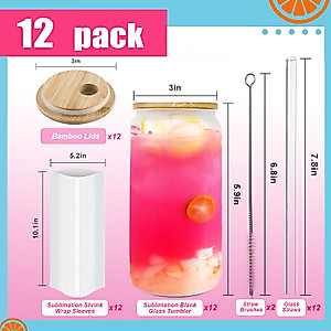 Kocdam 12 pack Sublimation Glass Cups with Bamboo Lids and Straws, Frosted 16oz Blanks Sublimation Beer Cans, Borosilicate Glasses, Sublimation Tumblers for Beer, Juice, Soda, Iced Coffee